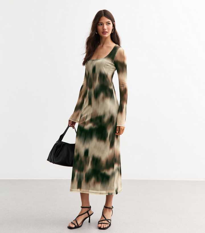 Black Blurred Print Mesh Long Sleeve Dress | New Look