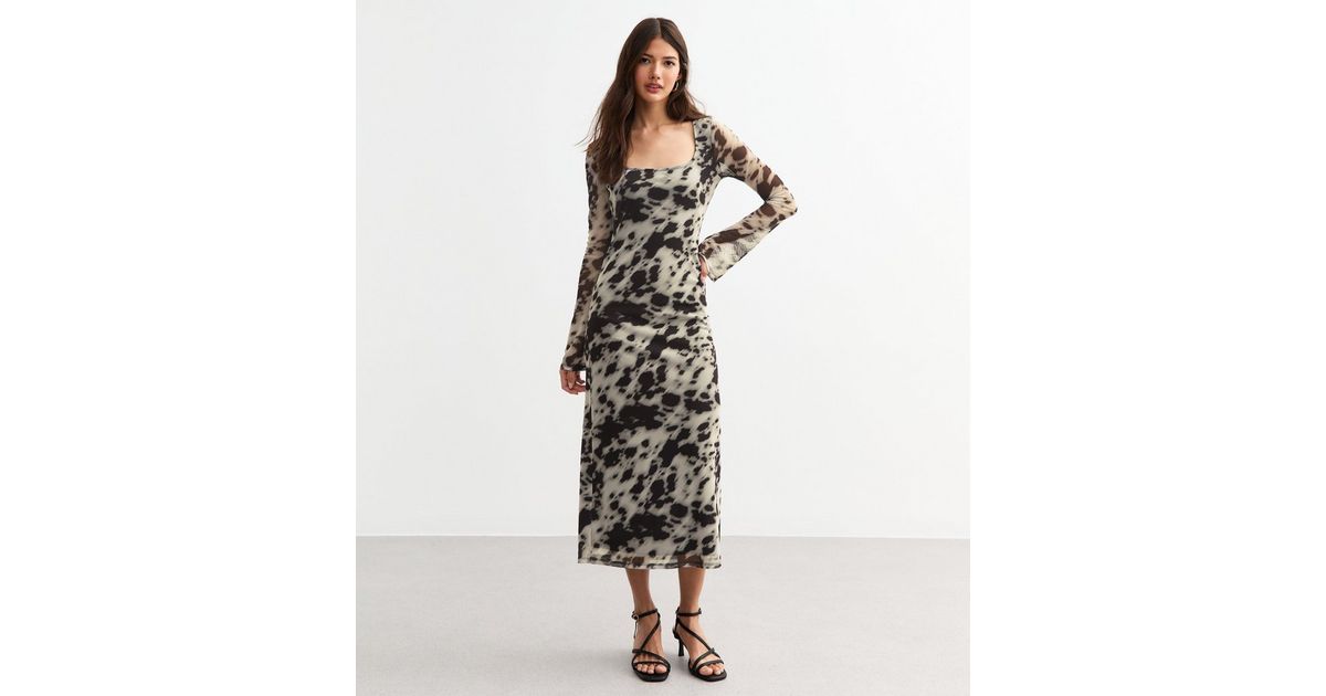 Black Cow Print Mesh Long Sleeve Dress | New Look