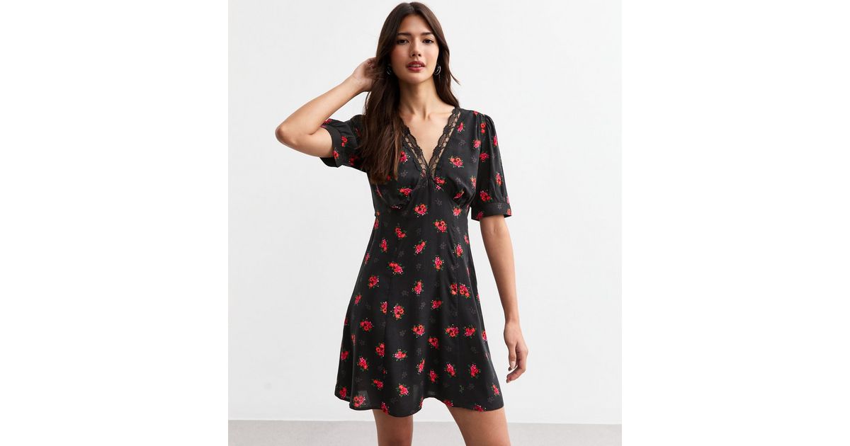 Black Floral Print Lace Trim Mini Tea Dress | New Look