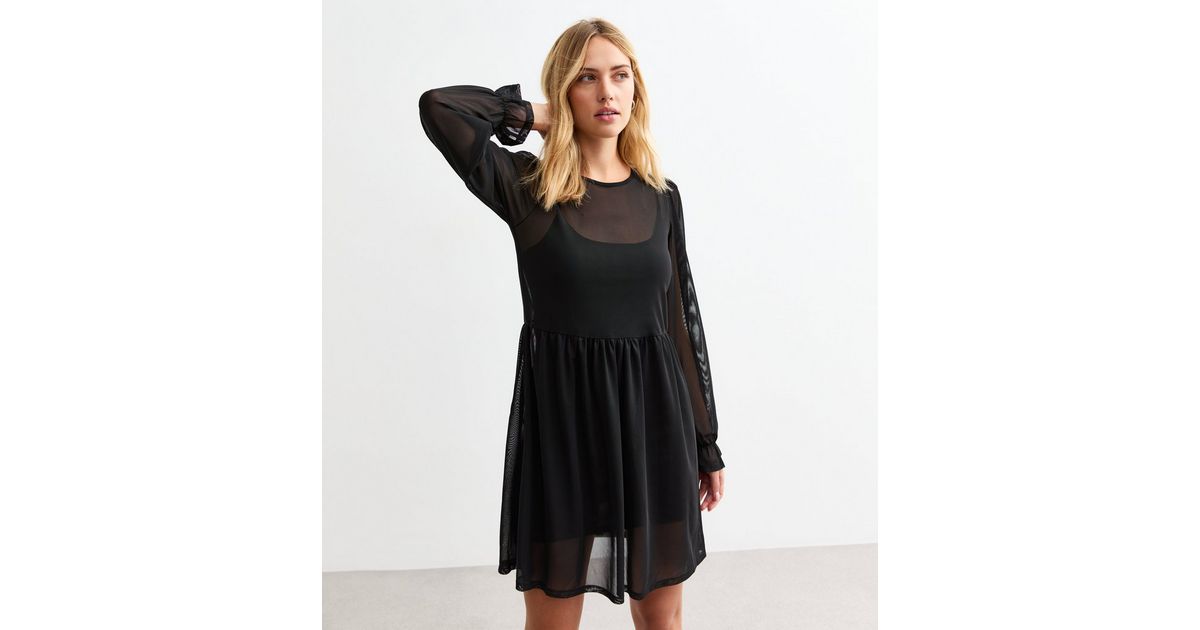 Black Mesh Long Sleeve Mini Smock Dress New Look