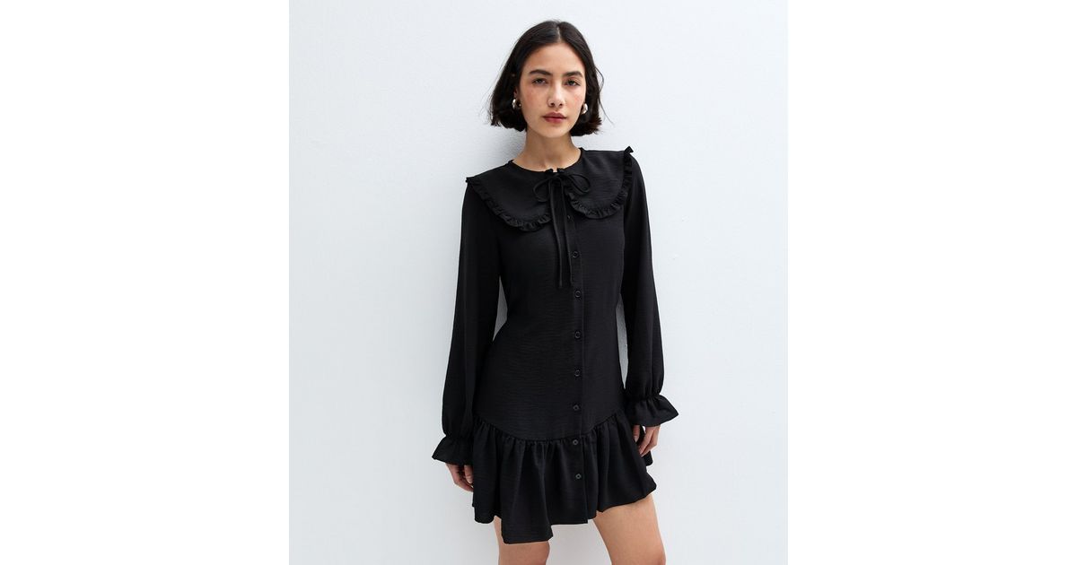 Black Frilly Trimmed Crinkle Texture Mini Dress | New Look