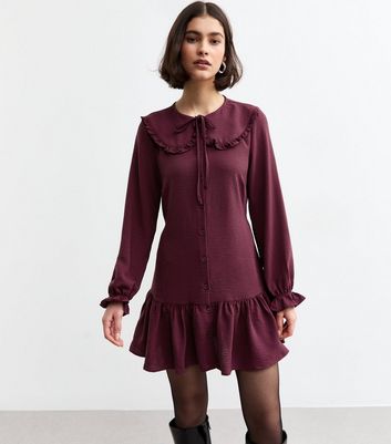 Burgundy Frilly Trimmed Crinkle Texture Mini Dress | New Look