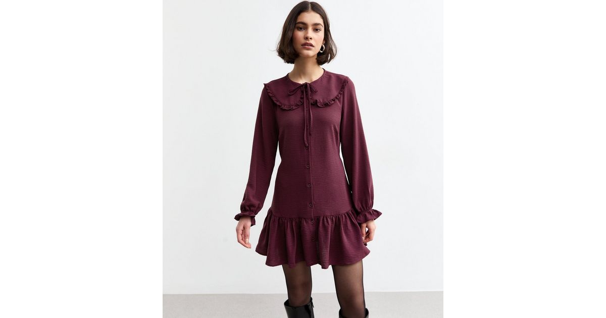Burgundy Frilly Trimmed Crinkle Texture Mini Dress | New Look