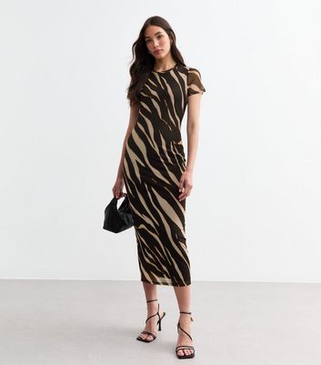 Black Tiger Print Mesh Short Sleeve Midi Dress | New Look