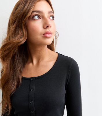 Girls Black Ribbed Jersey Long Sleeve Top | New Look