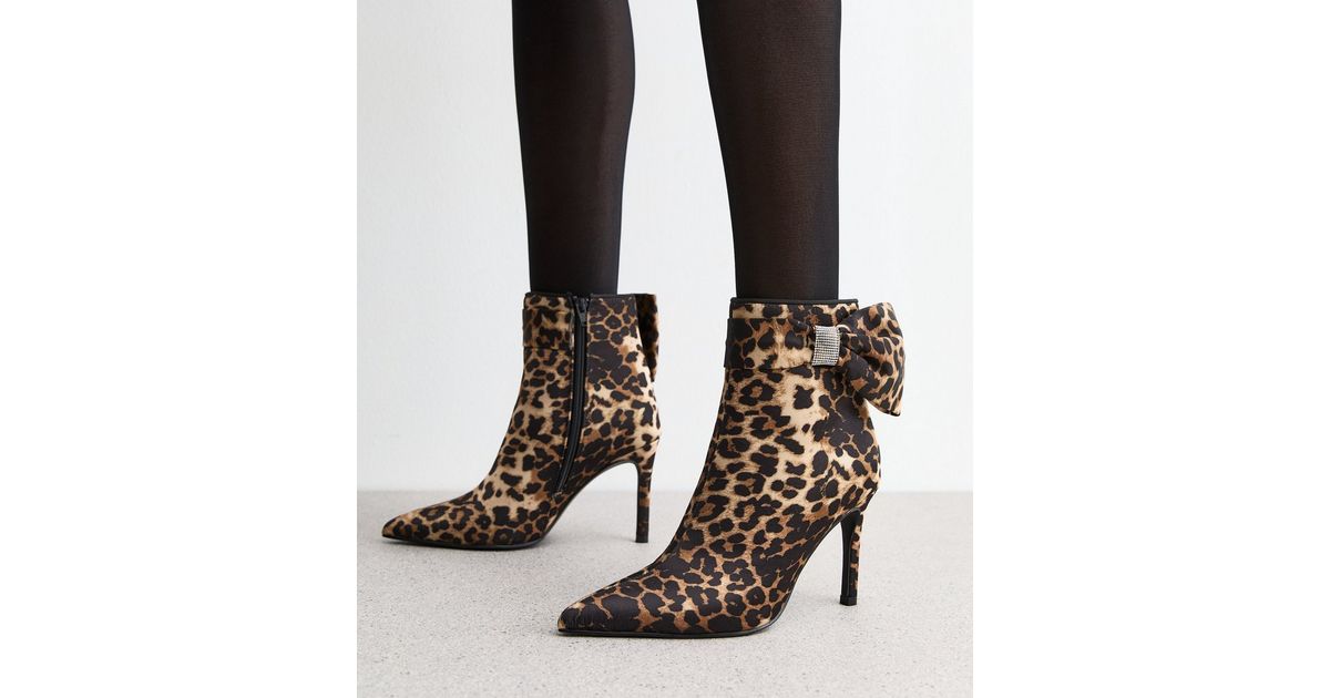 Brown Leopard Satin Bow Embellished Stiletto Heel Ankle Boots | New Look