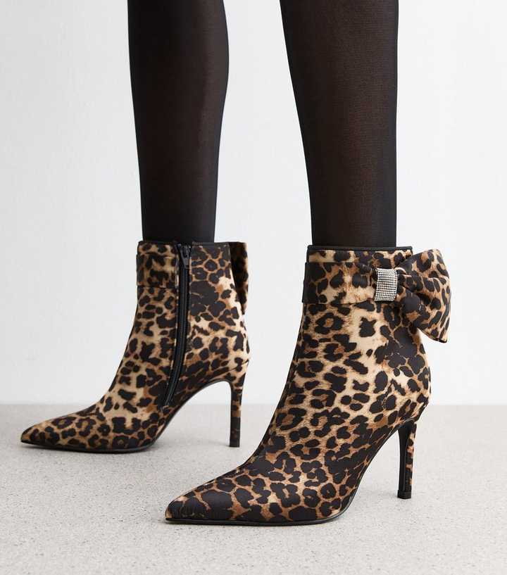 Brown Leopard Satin Bow Embellished Stiletto Heel Ankle Boots | New Look