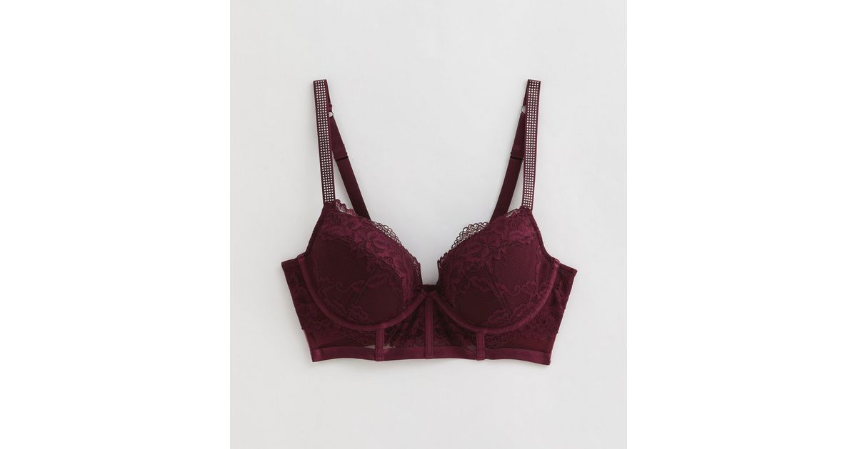 Burgundy Floral Lace Lightly Padded Bra | New Look