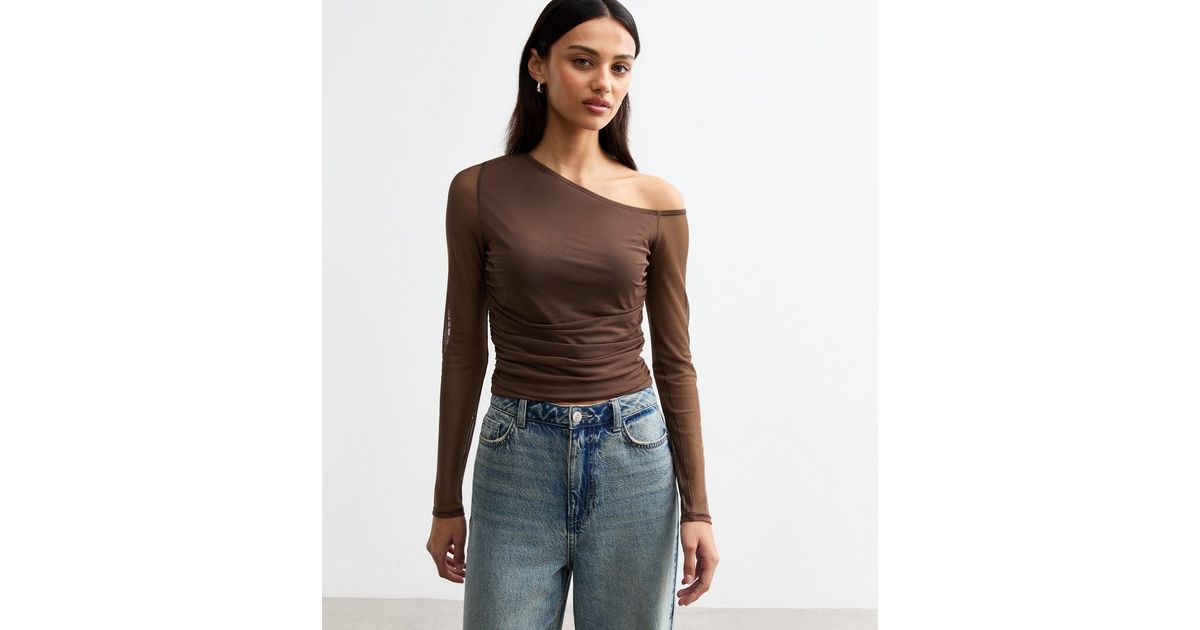Brown Ruched Mesh One Shoulder Long Sleeve Crop Top | New Look