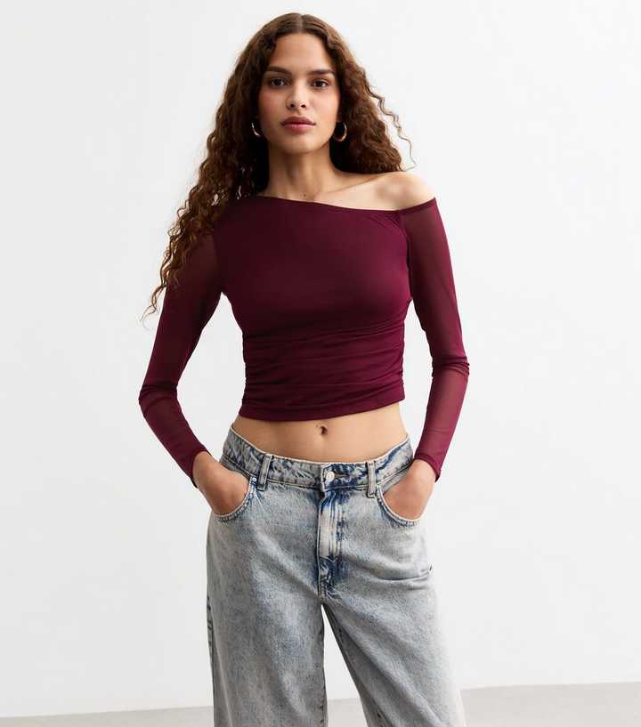 Burgundy Ruched Mesh One Shoulder Long Sleeve Crop Top | New Look