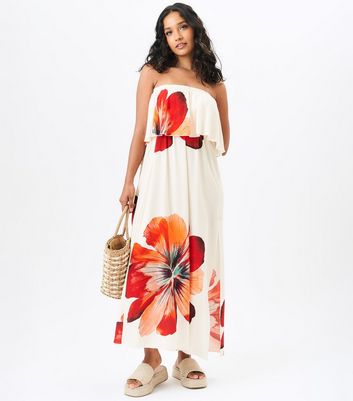 Gini London Cream Floral Print Layered Midi Dress | New Look