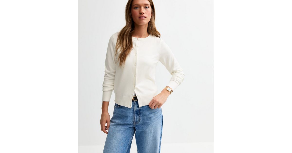 White Crew Neck Button Up Cardigan | New Look