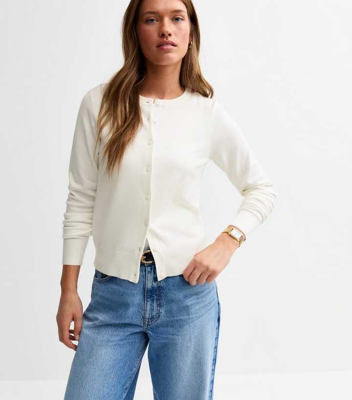 White Crew Neck Button Up Cardigan | New Look