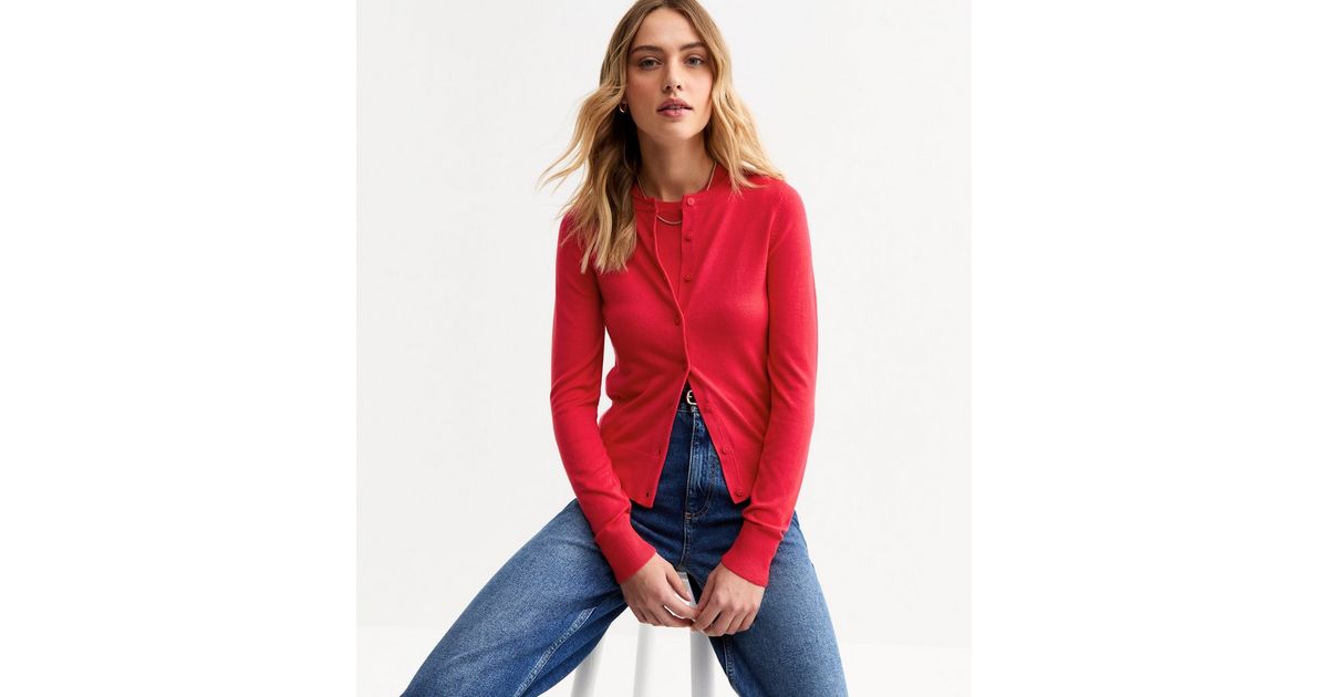 Red Crew Neck Button Up Cardigan | New Look