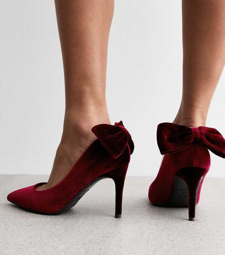 Wide Fit Burgundy Bow Detail Velvet Stiletto Heel Court Shoes | New Look