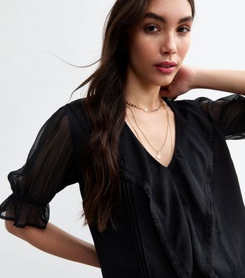 Black Ruffle Front Trim Blouse | New Look