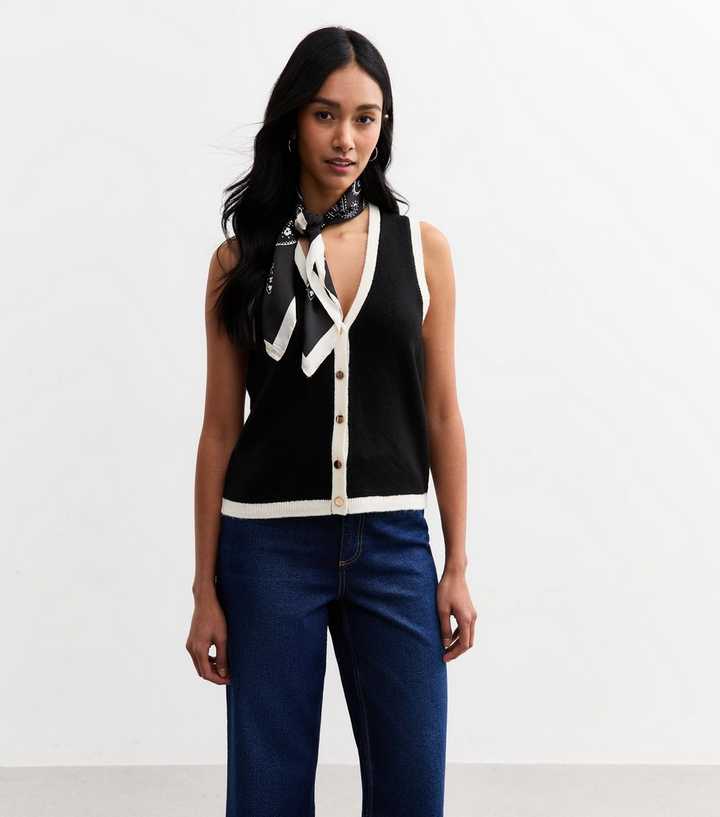 Black Contrast Trim Buttoned Vest | New Look