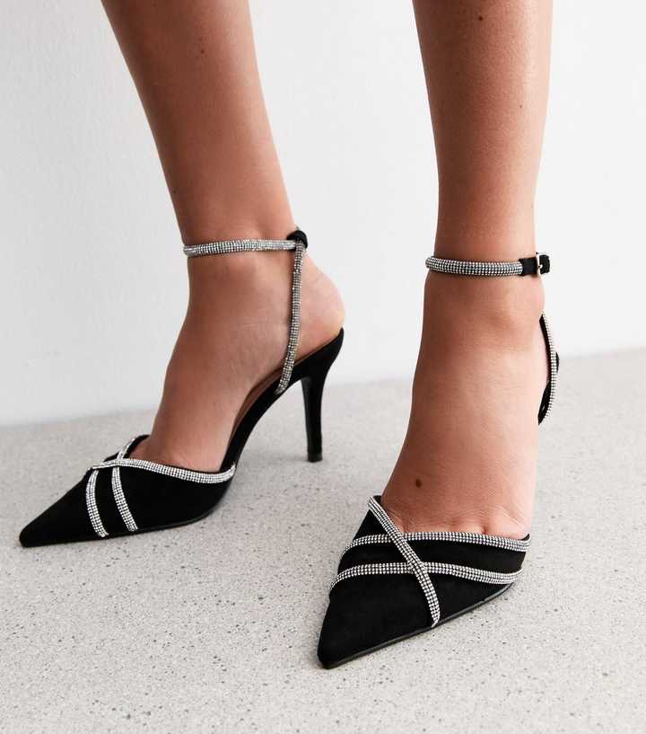 Black Faux Suede Diamanté Strap Open Court Shoes | New Look