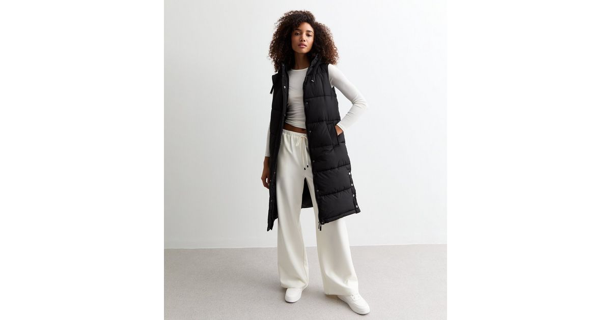 Black Hooded Longline Puffer Gilet | New Look