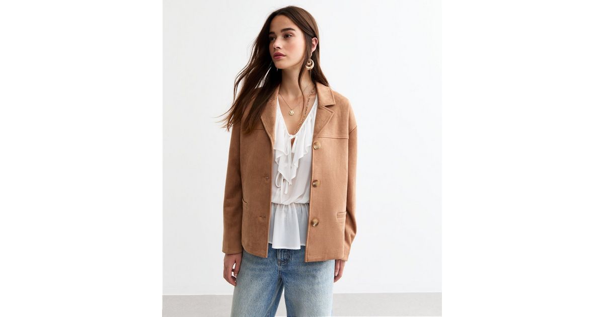 Tan Button Up Suedette Jacket | New Look
