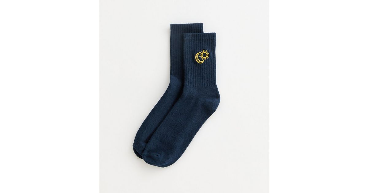 Navy Sun and Moon Embroidered Tube Socks | New Look
