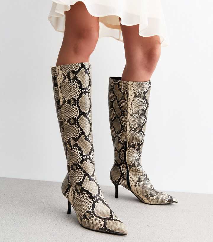 Off White Snakeskin Knee High Boots | New Look