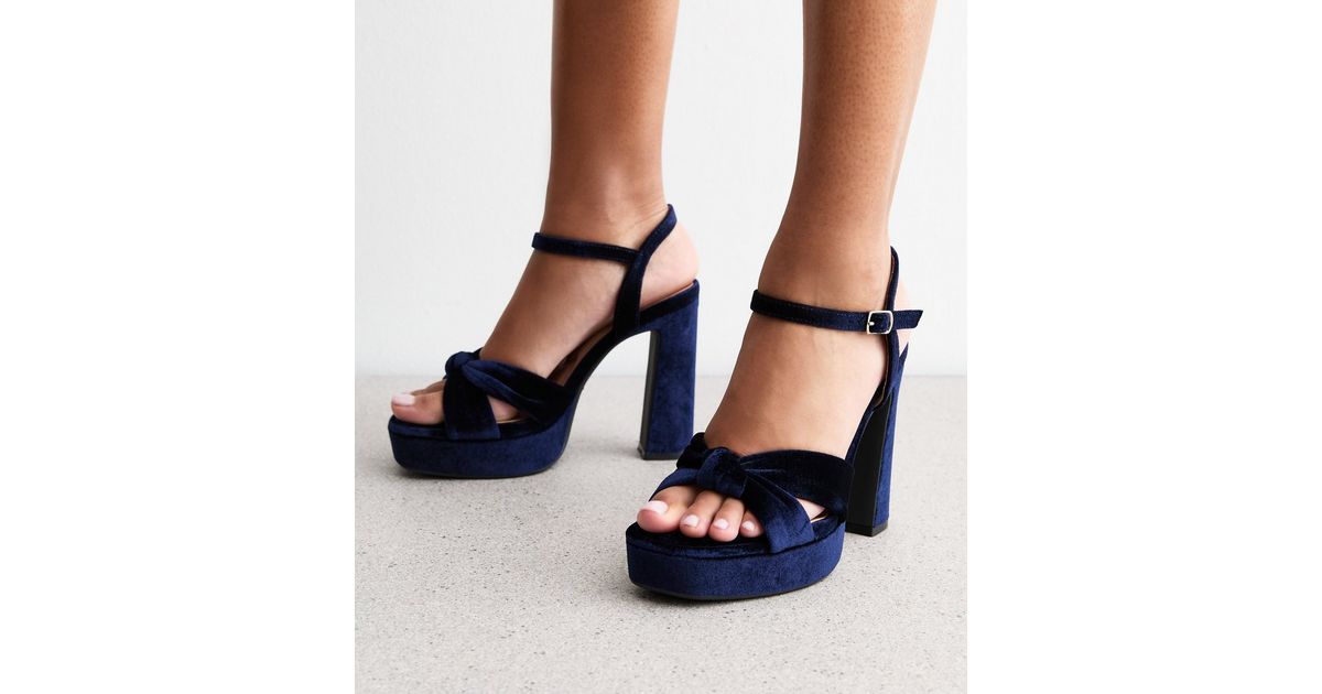 Navy Velvet Heeled Platform Sandals | New Look
