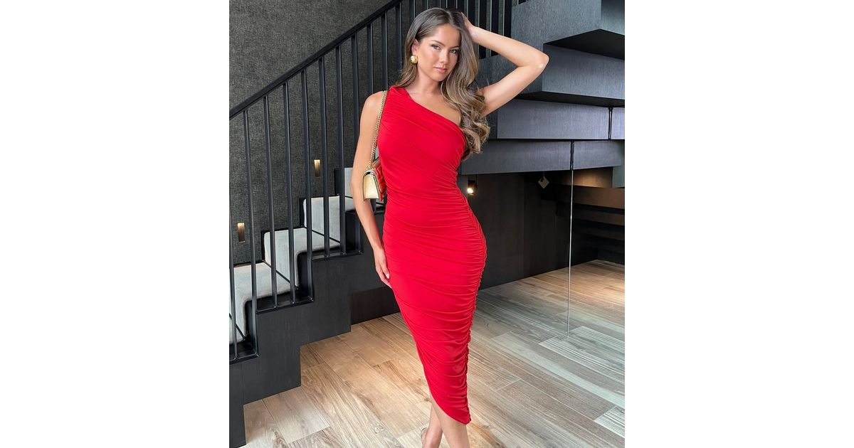 AX Paris Red Ruched One Shoulder Midi Dress | New Look