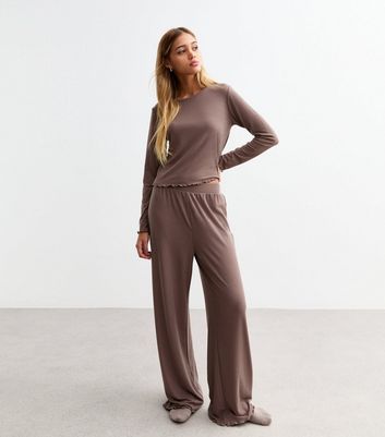Mink Frill Trim Jersey Wide Leg Trousers | New Look