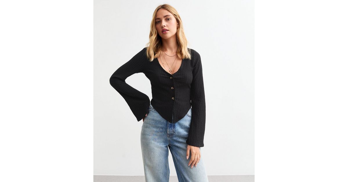 Black Button Front Textured Blouse | New Look