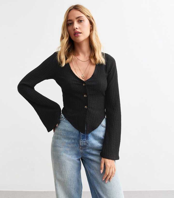 Black Button Front Textured Blouse | New Look