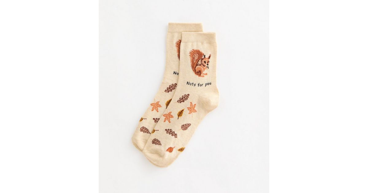 Cream Nuts For You Squirrel Illustration Socks | New Look