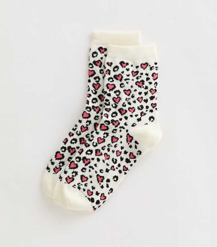 Off White Heart Leopard Print Tube Socks | New Look