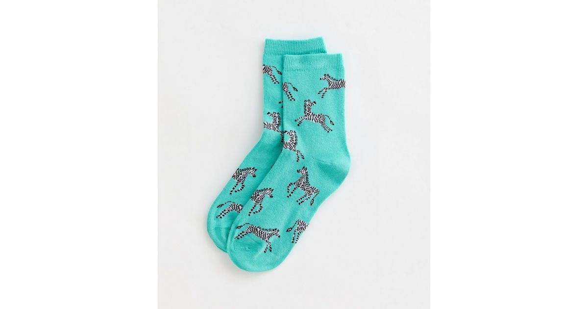 Turquoise Zebra Cotton Blend Socks | New Look