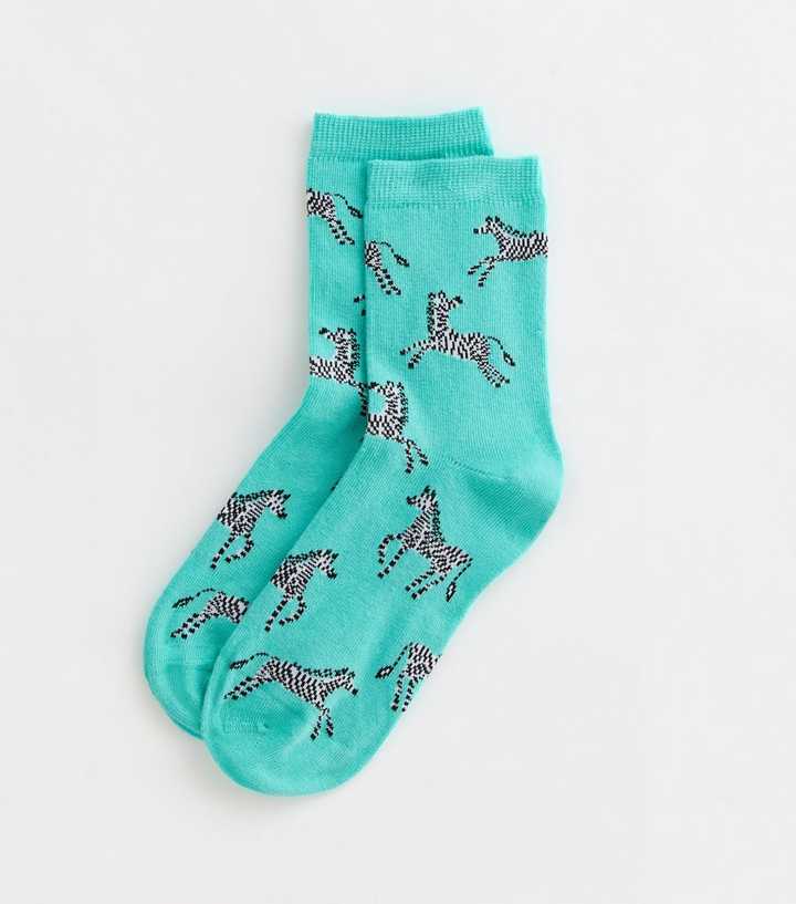 Turquoise Zebra Cotton Blend Socks | New Look