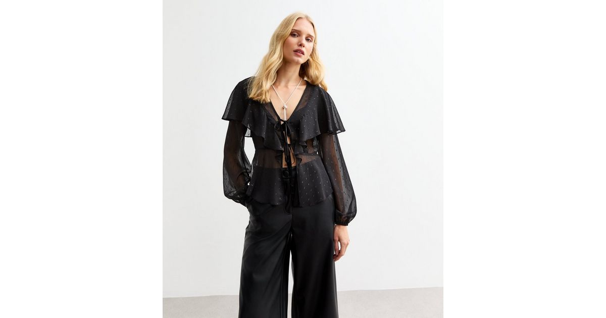 Black Chiffon Ruffle Trim Tie Front Blouse New Look