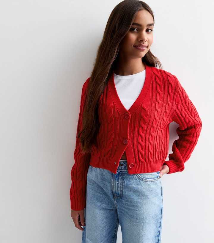 Girls Red Cable Knit Crop Cardigan | New Look