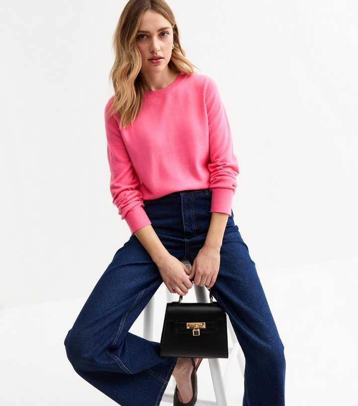 Bright Pink Long Sleeve Crew Neck Jumper | New Look