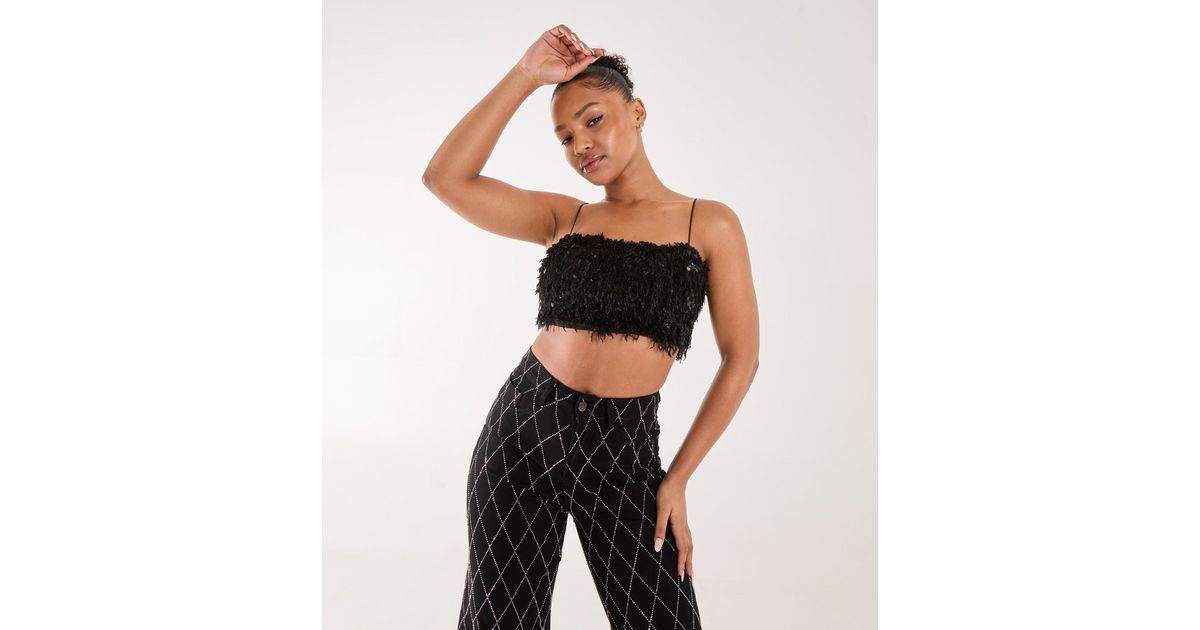 Pink Vanilla Black Sequinned Feather Crop Top | New Look