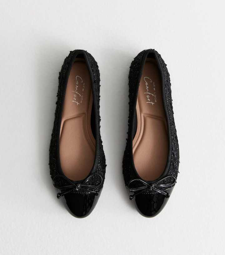 Black Bouclé Patent Toe Ballerina Pumps | New Look
