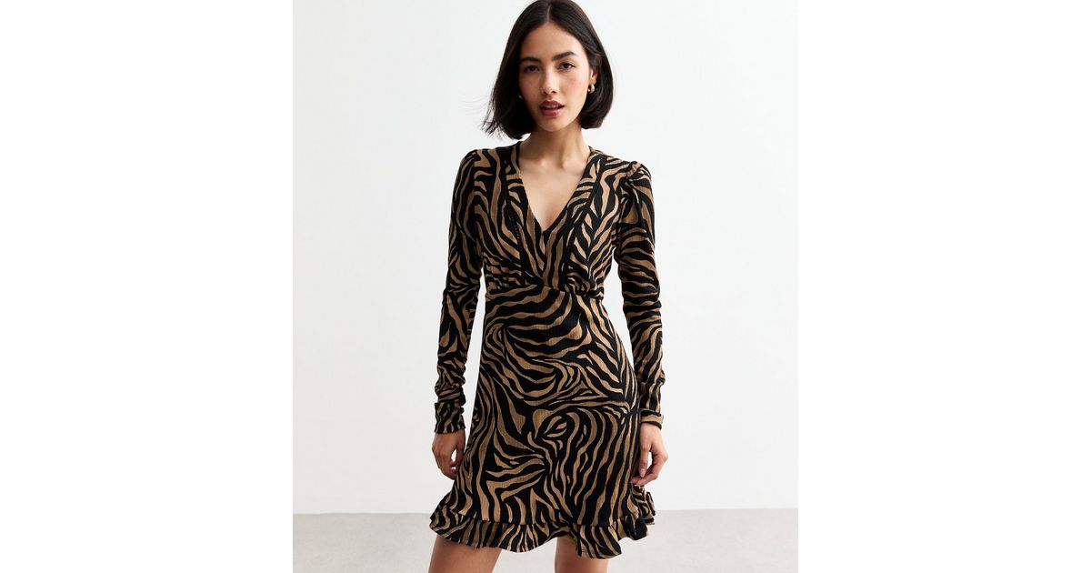 Black Woven Zebra Print Long Sleeve Dress | New Look
