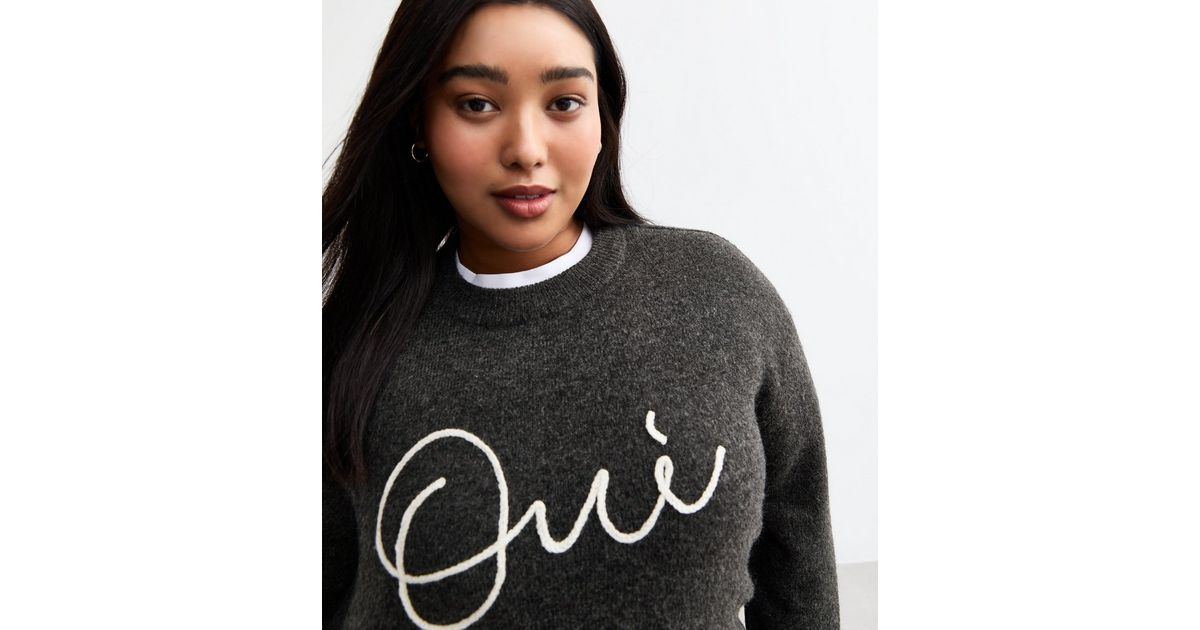 Curves Grey Oui Slogan Jumper | New Look