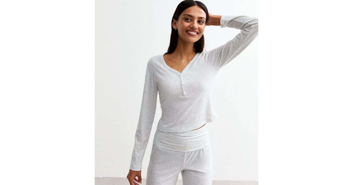 Grey Marled Stretch Jersey Henley Top | New Look