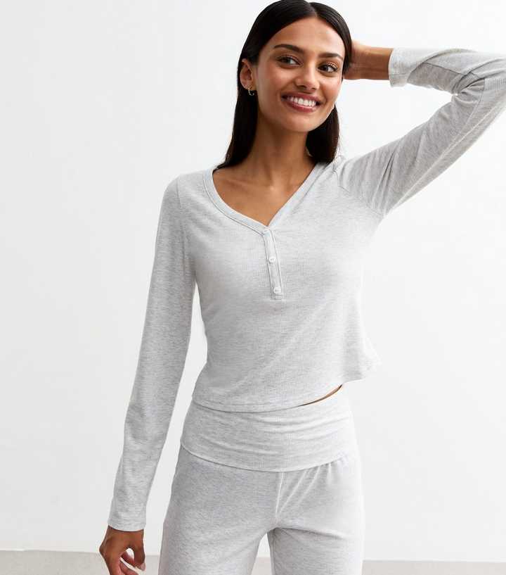 Grey Marled Stretch Jersey Henley Top | New Look