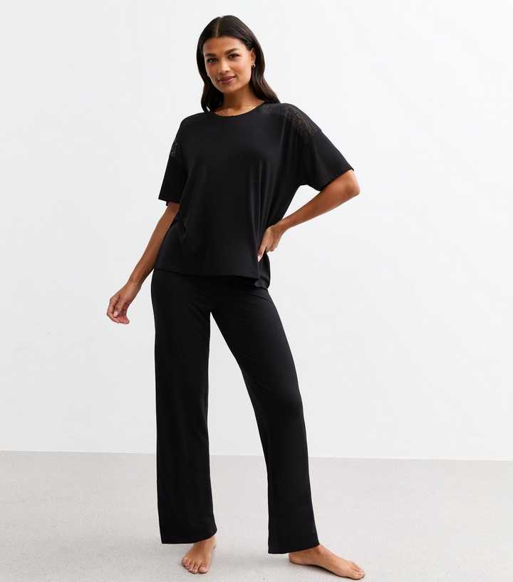 Black Lace Insert Jersey Long Pyjama Set | New Look