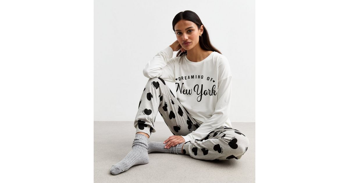 Light Grey Dreaming Of New York Heart Print Pyjama Set | New Look