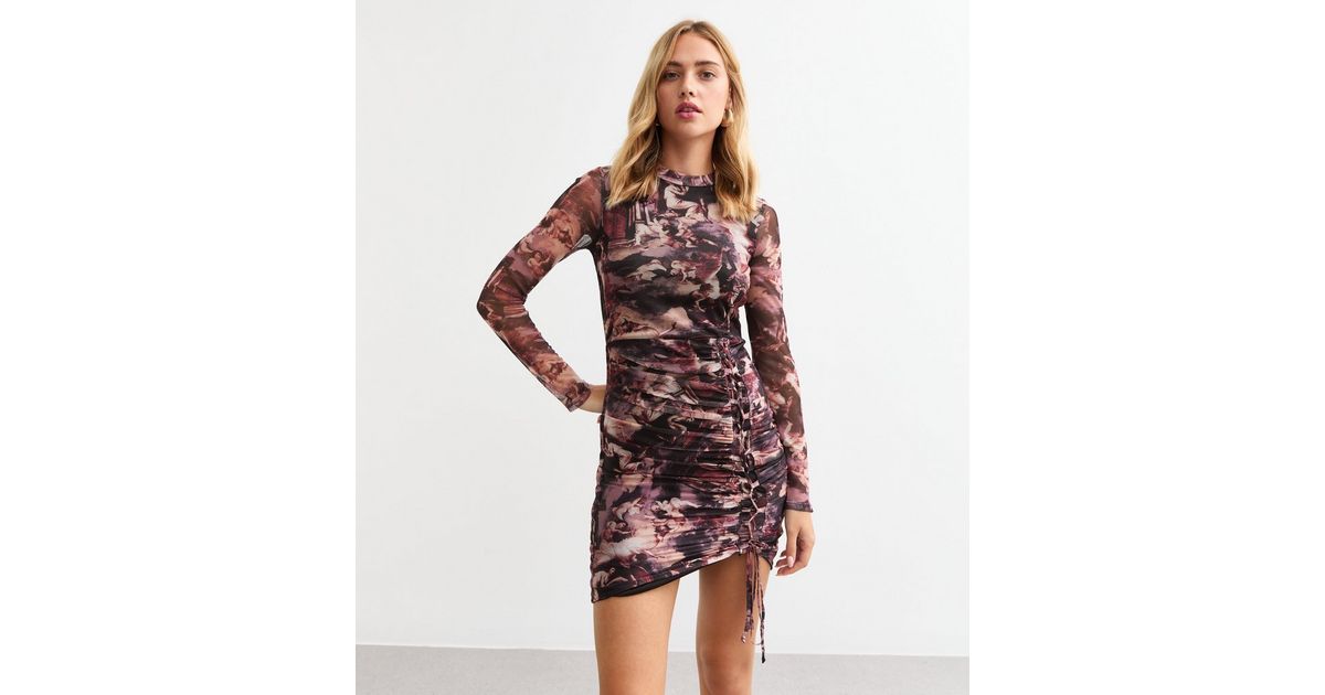 Red Renaissance Print Ruched Mesh Mini Dress | New Look