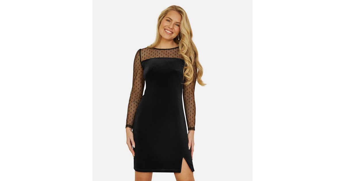 Yumi Black Velvet Mesh Bodycon Mini Dress | New Look