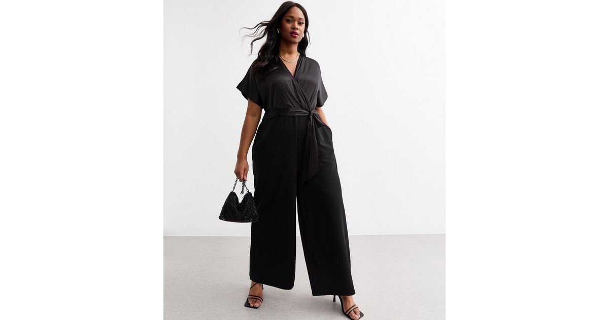 Curves Black Satin Scuba Wrap Jumpsuit | New Look