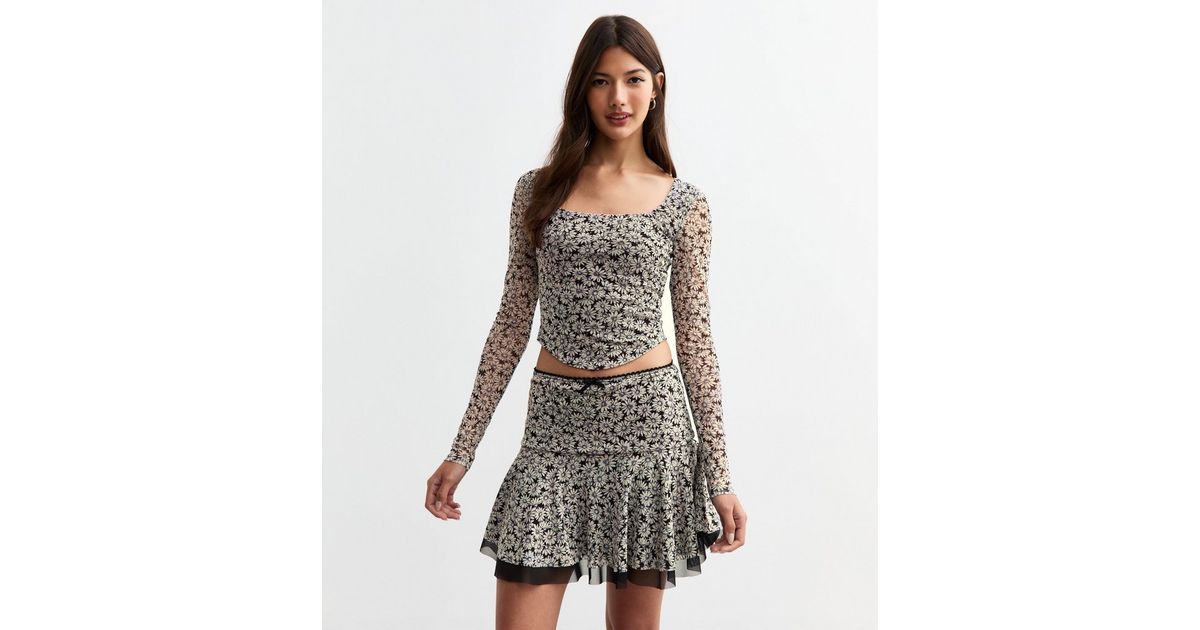 Black Floral Mesh Flippy Mini Skirt | New Look